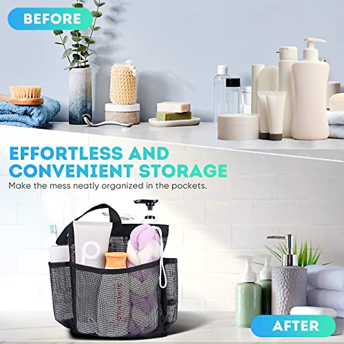 EUDELE Mesh Shower Caddy Portable for College Dorm Room Essentials,Portable Shower Caddy Dorm with 8-Pocket Large Capacity,Shower Bag for Beach,Swimming,Gym-Black