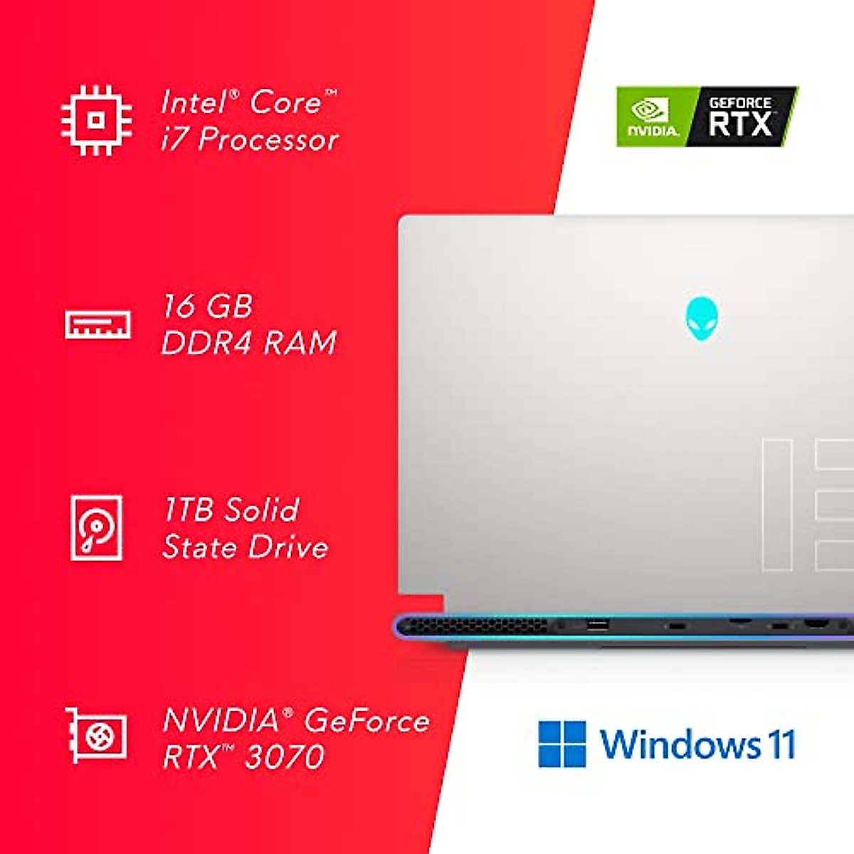 Alienware x15 R1 VR Ready Gaming Laptop - 15.6 inch FHD 360Hz Display, Intel Core i7-11800H, 16GB DDR4 RAM, 1TB SSD, HDMI, WiFi, NVIDIA GeForce RTX 3070 8GB GDDR6, Windows 11 Home - White