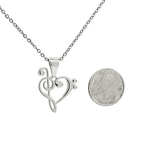 925 Sterling Silver Treble and Bass Clef Heart Pendant With 22" Hypoallergenic Cable Chain Necklace