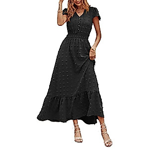 PRETTYGARDEN Womens Boho Short Sleeve V Neck Ruffle Tiered Maxi Dress Swiss Dot Smocked Dress Beach Long Dress (Large, Black)