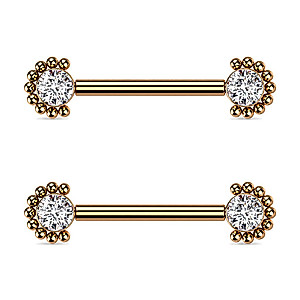 Dynamique Implant Grade Titanium Nipple Barbells Internally Threaded With Bezel Set CZ Center And Beaded Edge (Sold Per Pair Or Per Piece)