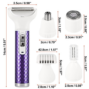 VOCOSTE Electric Razor for Women, 5 in 1 Electric Shaver for Women, Portable Rechargeable Hair Trimmer Wet and Dry Cordless Women Shaver Hair Remover for Face, Legs, and Bikini, Purple