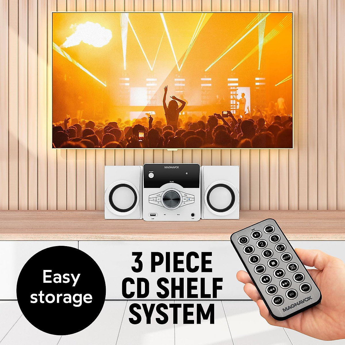 Magnavox MM442 3-Piece Top Loading CD Shelf System with Digital PLL FM Stereo Radio, Bluetooth Wireless Technology, and Remote Control in Black | Blue Lights | LED Display (White)