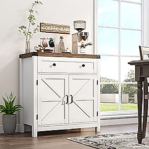 HOSTACK Coffee Bar Cabinet, Modern Farmhouse Buffet Sideboard with Drawer and Adjustable Shelf, Barn Door Storage Cabinet for Kitchen, Dining Room, Bathroom, Entryway, White