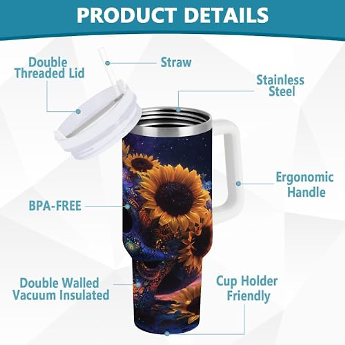 Slewiaeky Tumbler with Handle 40 oz Beautiful Goth Skull Sunflower Travel Mug with Lid and Straw Stainless Steel Vacuum Insulated Water Bottle Cup for Iced Tea Coffee Cold Beverages Cup Holder Friend