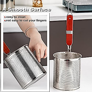 Tenta Kitchen Micro-Perforated Stainless Steel Pasta Basket Mesh Spider Food Dumpling Noodle Strainer,Fine Mesh Skimmer Kitchen Fine Sieve Mesh Strainer with Wooden Handle (Strainer, 14cm)