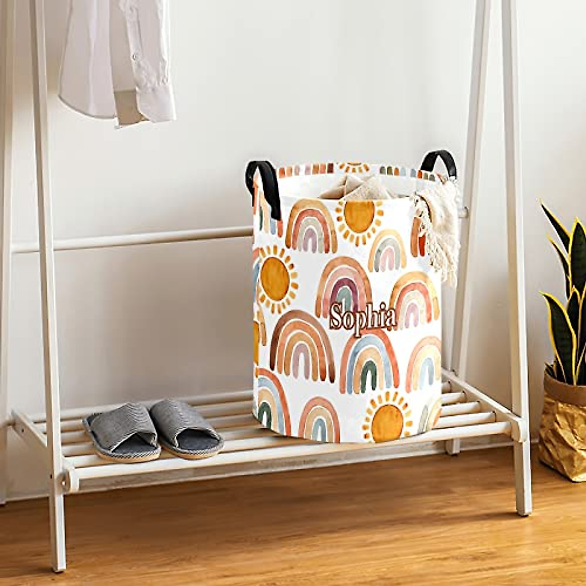 WOWPersonalTailor Rainbow Sun Laundry Hamper Basket Custom Name Collapsible Storage Bin Waterproof Clothes Storage Basket Room Decor Dirty 19.69inch(height) x 14.17inch(diameter)