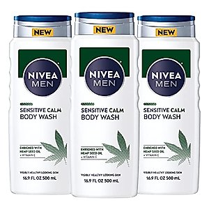 NIVEA MEN Sensitive Calm Body Wash with Vitamin E and Hemp Seed Oil, 3 Pack of 16.9 Fl Oz Bottles