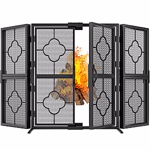 Amagabeli 48 x 28 Inch Fireplace Screen with Doors 3 Panel Foldable Wrought Iron Furnace Fireguards Fireplace Cover Free Standing Large Screen for Fireplace Wood Burning Metal Mesh Fire Spark (Black)