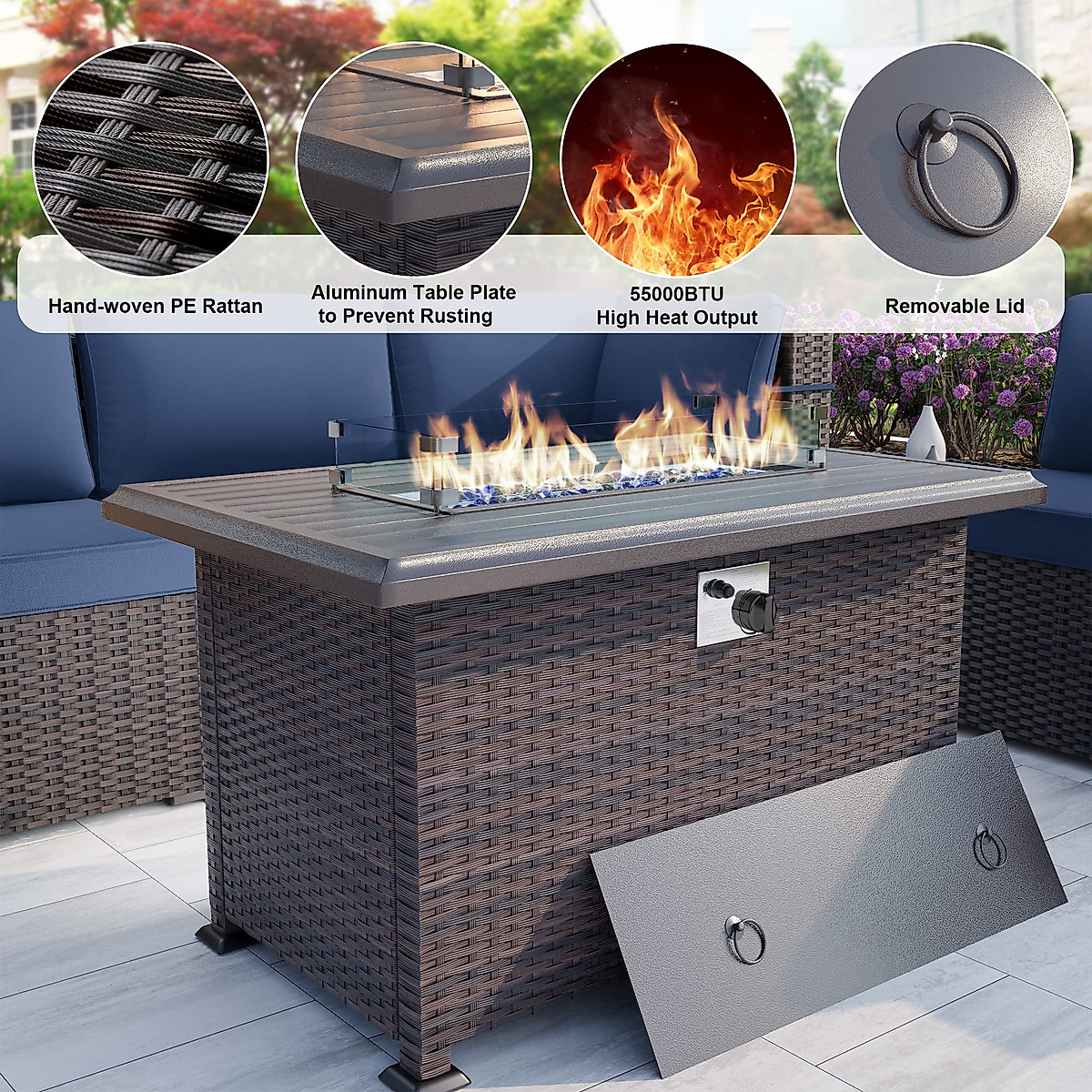 ALAULM 7 Pieces Patio Furniture Set with Propane Fire Pit Table Outdoor Sectional Sofas Outdoor Patio Furniture 43in Gas Fire Pit Patio Conversation Set w/5 Cushions-Navy Blue