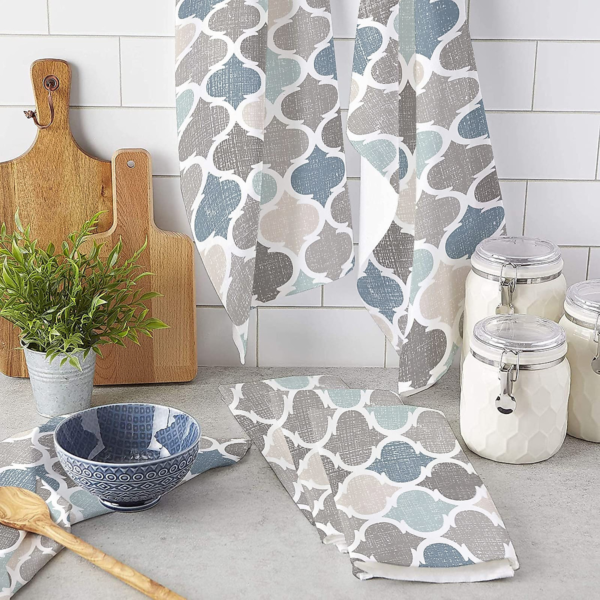 Kitchen Towels Set Retro Moroccan Design Dish Towel Geometric Pattern Dishcloths 3 Pack, 18x28 Inches Absorbent Soft Cotton Dish Cloths Bar Towels & Tea Towels