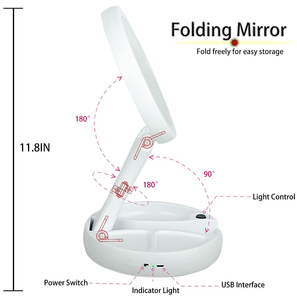 Softfree Lighted Folding Makeup Mirror, 1X/10X Magnification Double Sided Mirror, 5.9Inch LED Vanity Mirror for Travel, Home (White)