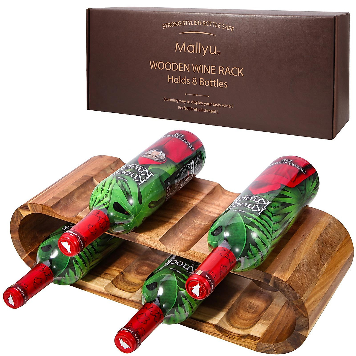 MALLYU Wooden Countertop Wine Racks (8-Bottles 2-Tiers) with A Wood Cell Phone Stand Holder, Small Wine Bottle Rack Shelf Organizer Storage for Home Decor and Wine Gifts, Bar, Cabinet, Pantry