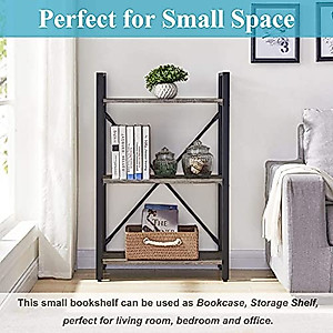 BON AUGURE Small 3 Tier Bookshelf, Rustic Industrial Book Shelf, Short Wood Metal Standing Etagere Bookcase for Living Room, Bedroom and Office (Dark Gray Oak)