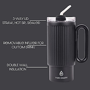 PURE HEARTH EcoFuse Tumbler with Handle and Straw 40 oz | Twist on 3 Way Lid | Double Wall Vacuum Insulated Stainless Steel Cup for Travel | Infusion Filter | Keep Hot and Cold | BPA Free (Black)