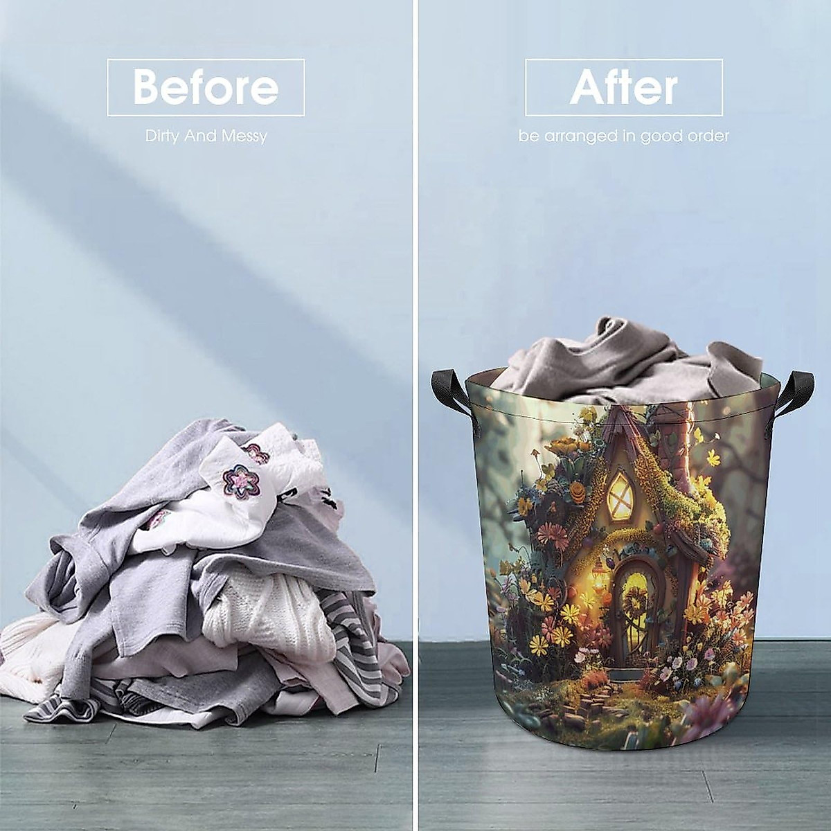 Large Laundry Basket Collapsible Laundry Hamper Waterproof Foldable Washing Bin Clothes Bag A Small Fairy Tale House Freestanding Dirty Clothes Hampers for Laundry, Bedroom, Dorm