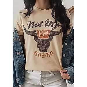 GEMLON Not My First Rodeo Cowgirl Western T-Shirt Tee Womens Casual Country Concert Short Sleeve Shirt Tops Apricot M