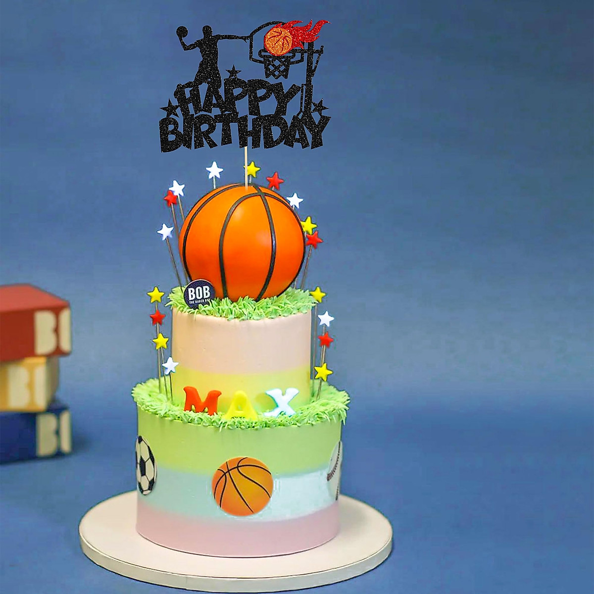 1Pc Basketball Happy Birthday Cake Topper Glitter Basketball Sports Theme Birthday Cake Pick for Basketball Theme Baby Shower Birthday Party Cake Decorations Supplies