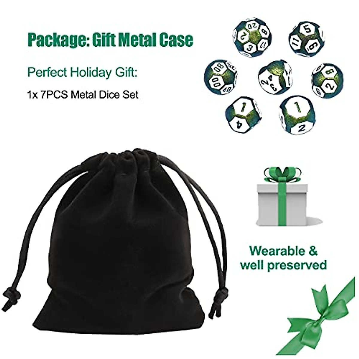 UONUOT 7pcs DND Football Metal Dice Set D&D Polyhedral Dice for Dungeons and Dragons Role Playing Dice Games RPGs (Green)