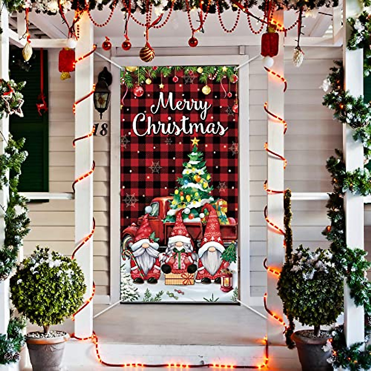 Tiamon Christmas Gnome Door Cover Xmas Red Truck Buffalo Plaid Door Cover Banner Merry Christmas Backdrop Door Cover Decoration for Winter Holiday Party Supplies, 70.9 x 35.4 Inches