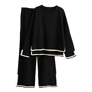 Tanming Women's 2 Piece Outfits Long Sleeve Knit Sweater Top Wide Leg Pants Lounge Sets Tracksuits (Black-S)