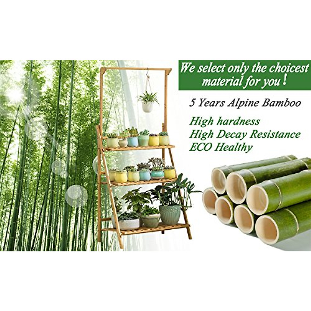 COPREE Bamboo 3-Tier Hanging Plant Stand Planter Shelves Flower Pot Organizer Rack Folding Display Shelving Plants Shelf Unit Holder