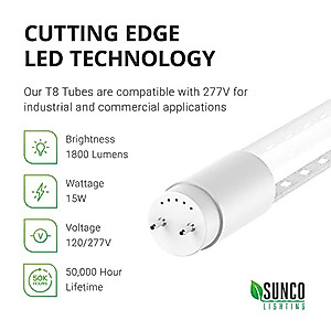 Sunco Lighting - 24 Pack T8 LED 4FT Tube Light Bulbs Ballast Bypass Fluorescent Replacement, 5000K Daylight, 15W, Clear Cover, Retrofit, Single Ended Power (SEP), Commercial Grade UL
