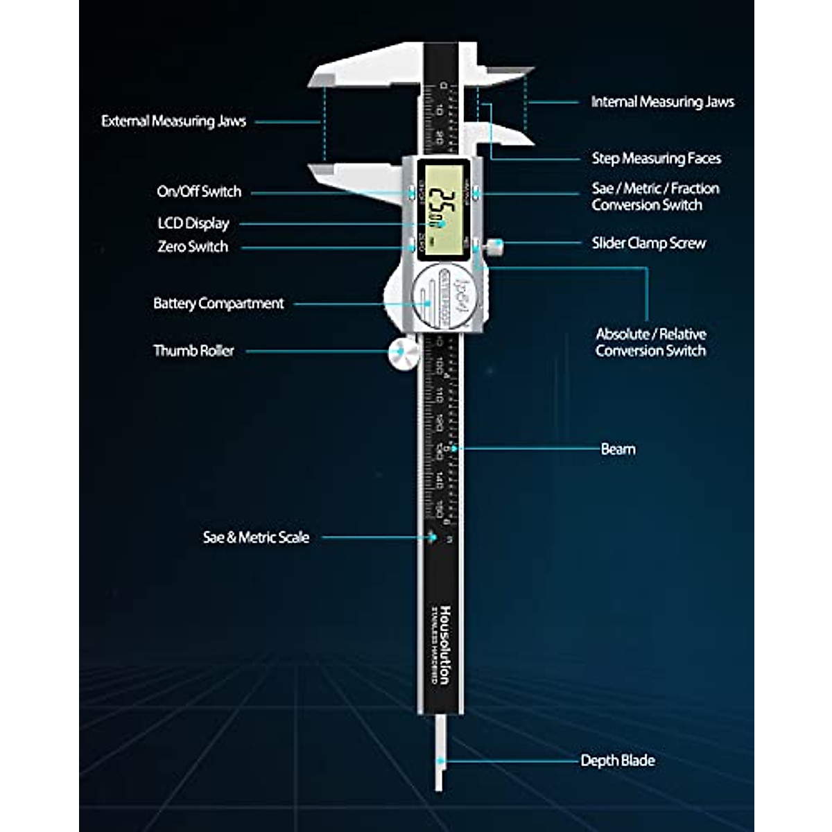 Housolution Digital Caliper, (ABS) Absolute Scale Caliper 6", IP54 Electronic Measuring Tool, Inch/MM/Fraction, Auto-Off LCD Stainless Steel Waterproof Micrometer Vernier Caliper, with Feeler Gauges
