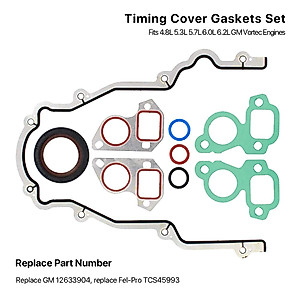 Timing Cover Gasket Set - Compatible with 4.8L 5.3L 5.7L 6.0L 6.2L Chevy Silverado, Suburban, Tahoe, GMC Sierra, Yukon, Savana, Cadillac Escalade - Replace 12633904 TCS45993