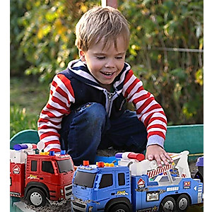 Mozlly Friction Powered Emergency Tow Truck Toys Set of 3 - Assorted Color Towing Trucks with Big Racing Monster Trucks & Bulldozer, Interactive Sound & Light - 3 Pack