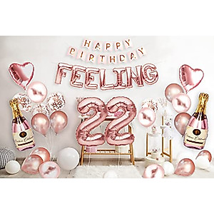PartyForever 22nd Birthday Decorations for Women and Girls Rose Gold with Birthday Banner and Digit Balloons Including Text Balloon Letters Party Supplies for Her