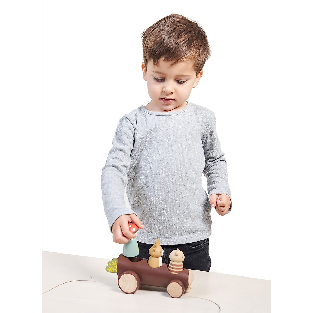 Tender Leaf Toys - Timber Taxi - Wooden Log Shaped Push Vehicle with 3 Removeable Characters - Open-Ended Play Toy, Explore Role-Play and Imagination for Boys and Girls - Age 18m+