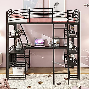 ALYSAHOME Twin Size Loft Bed with 4 Layers of Shelves and L-Shaped Desk, Stylish Metal Frame Bed with a Set of Sockets, USB Ports and Wireless Charging, Black