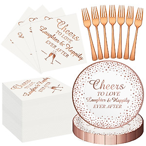 150 Pcs Bridal Shower Rose Gold Party Supplies Napkins Plates Forks Tableware Disposable Dinnerware Set for Bridal Shower Wedding Engagement Bachelorette Party Decorations (Cheers Style)