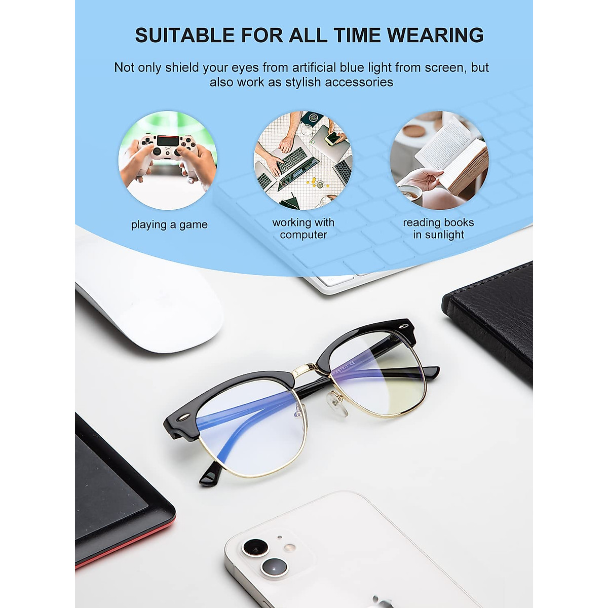 NSSIW Blue Light Glasses for Women and Men, Advanced Computer Glasses, Gaming Glasses, Semi Rimless with Blue Light Blocking, 11 Glossy Black/Golden Rim + Glossy Black/Black Rim, M