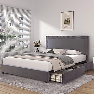 VECELO Queen Size Upholstered Platform Bed Frame with 4 Storage Drawers, Adjustable Velvet Rivets Headboard, Wooden Slats Support, No Box Spring Needed, Easy Assembly