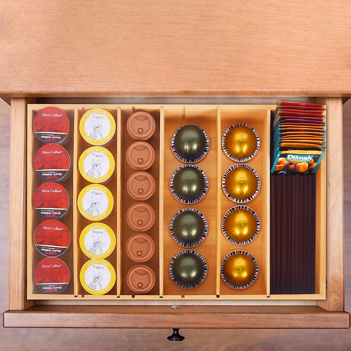 Vencer Bamboo K Cup Holder Coffee Station Organizer with 5 Adjustable Partitions,K Cup and Tea Bag Organizer for Coffee Station Home Office and Kitchen,VTO-034