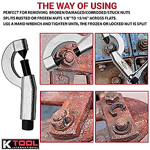 K Tool International 70715 Universal Automotive Nut Splitter Tool for Garages, Repair Shops, and DIY, Splits Nut Sizes 1/8"-15/16", 360 Degree Rotating Cutter, Heat Treated Drop Forged Frame, Silver