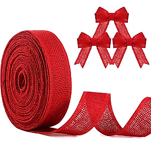 Waydress Natural Burlap Ribbon Burlap Edge Ribbon Fabric Craft Ribbon for Bow Wreath Tree DIY Decor Outdoor Wedding Home Christmas Party Decoration(1.5 Inch x 20 Yard,Red)