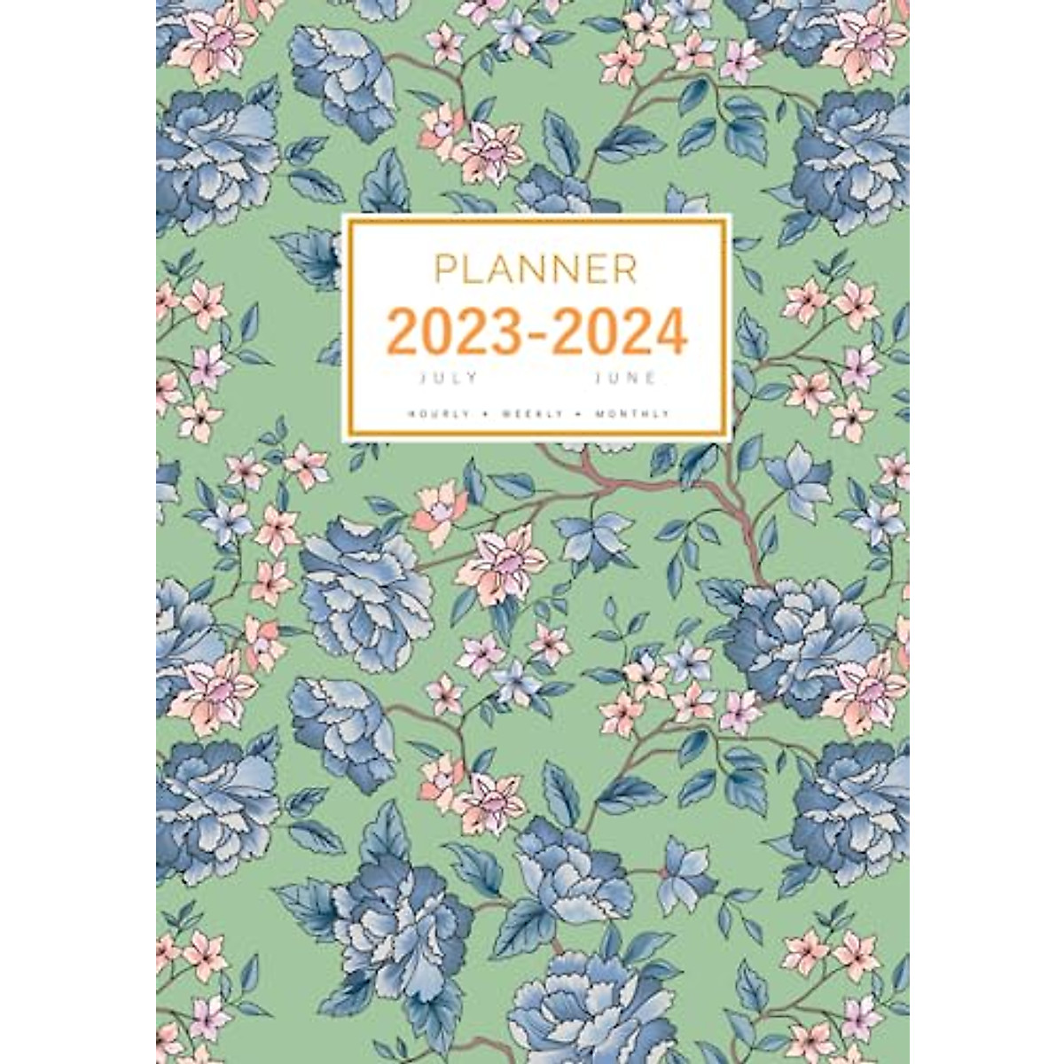 Planner July 2023-2024 June: A4 Large Notebook Organizer with Hourly Time Slots | Vintage Flower Leaf Design Green
