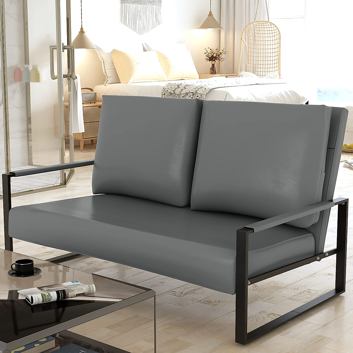 DKLGG Mid-Century Loveseats Sofa Couch, Faux Solid Leather Loveseat Sofa, Upholstered Faux Leather Couch 2-Seat Metal Armchair, Lounge Accent Chair for Living Room, Small Space, Studio, Apartment