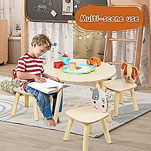 Xylolin Wooden Kids Table and Chairs Set, 4 Pieces Play Table with Animal Themed Chairs for Toddlers Drawing Reading Arts Crafts Snack Time, Boys Girls Playroom School Home Daycare