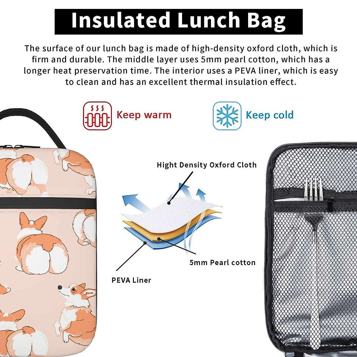 Oplp Cute Corgi Butt Lunch Bag Lunch Box Insulated Meal Bag Food Container for School Work Picnic Travel