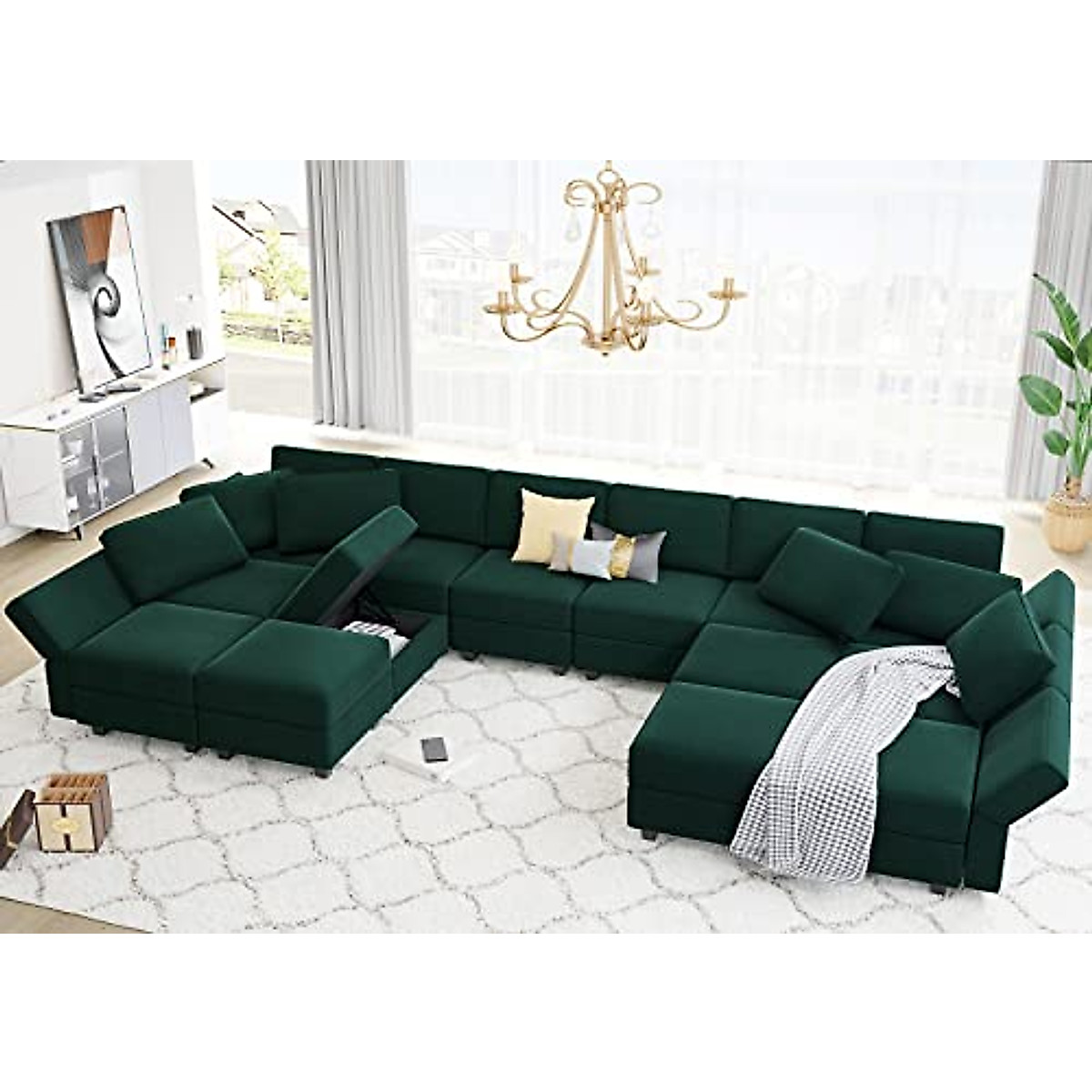 Belffin Oversized Modular sectional Sofa with Double Chaises U Shaped Sectional Sleeper Sofa Couch Reversible Sectional Sofa with Storage Velvet Green