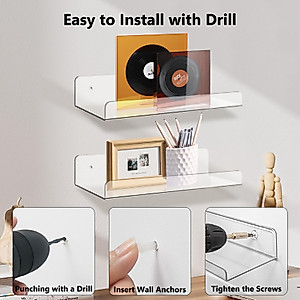 LIKMYPICK 4 Pack Acrylic Shelves for Wall, 15" Clear Floating Shelves for Bathroom,Bedroom,Kitchen, Floating Wall Shelves for Wall Decor Display Book,Photo,Makeup, Mounted with Screwdriver