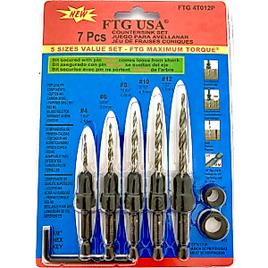 FTG USA Wood Countersink Drill Bit Set 5 Pc Countersink Drill Bit #4#6#8#10#12 Countersink Bit for Woodworking