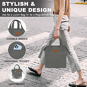 KUBYA Lunch Bag Simple Lunch Box for Women Men Insulated Lunch Bag & 1 Storage bag Reusable Lunch Tote Bag for Work, Picnic Beach or Travel (Grey) 10.63*9.5*5.2 in LBHS-03