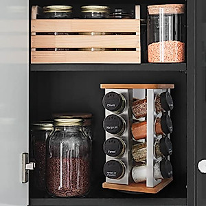 Kamenstein 16 Jar Warner Revolving Countertop Spice Rack Organizer with Lift & Pour Caps and Spices Included, FREE Spice Refills for 5 years, Stainless Steel & Bamboo with Black Caps