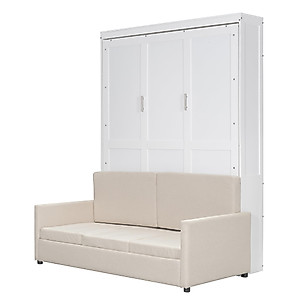 LZ LEISURE ZONE Queen Size Murphy Bed, Wooden Queen Murphy Bed with Cushion, Wall Bed with Sofa for Home Office or Small Room, White