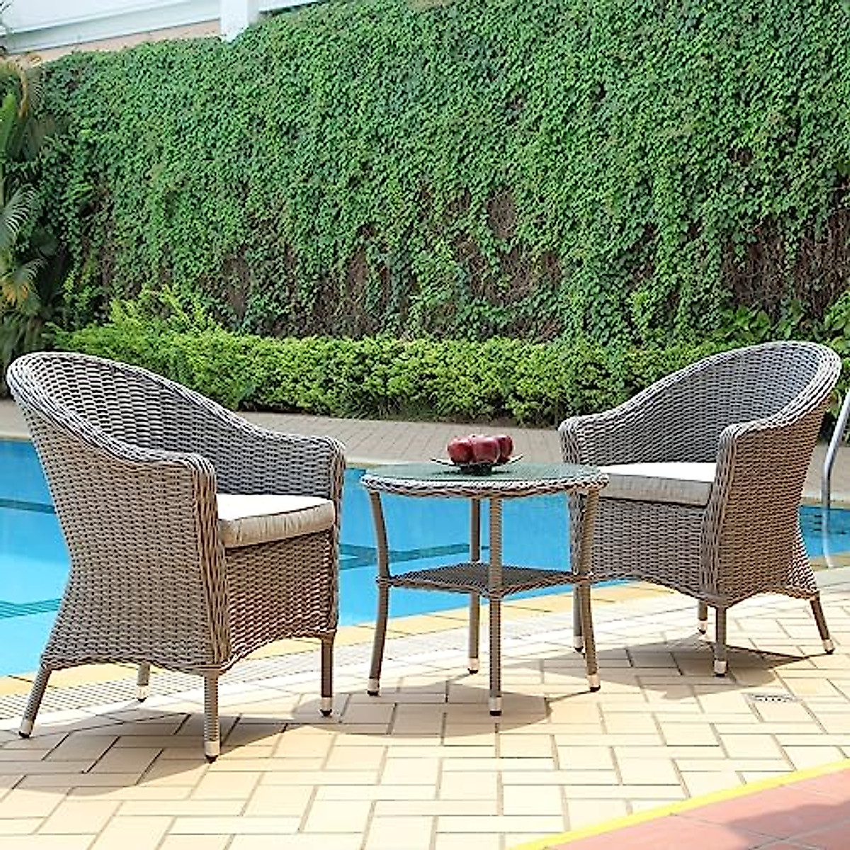 Pleasant Bay 3-Piece Outdoor Furniture Bistro Set for Decks and Patios, Includes 2 Chairs Table, Seats 2, Synthetic Wicker, White
